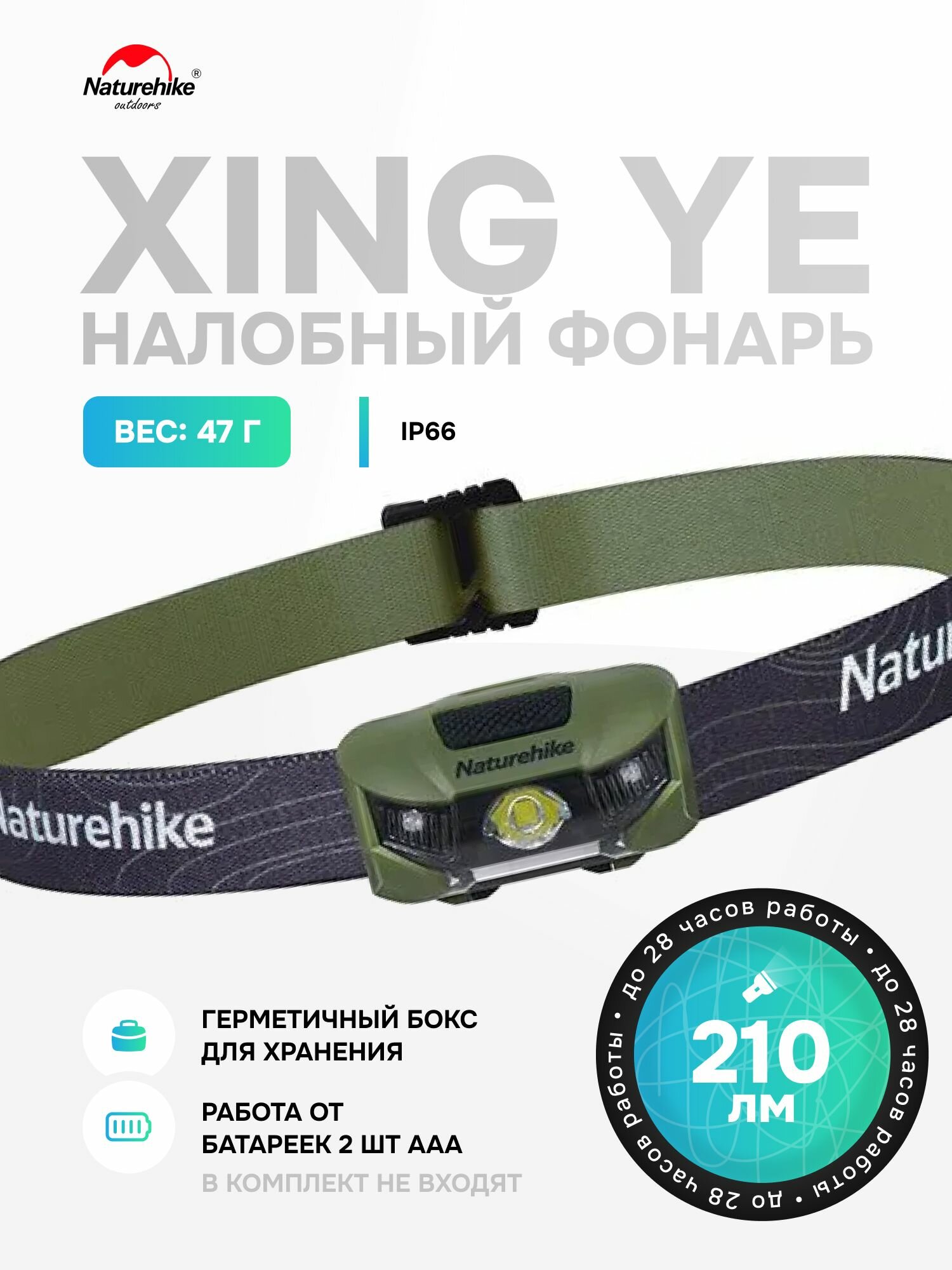 Налобный светодиодный фонарь Naturehike Xing ye, на батарейках, 210Lm, зеленый