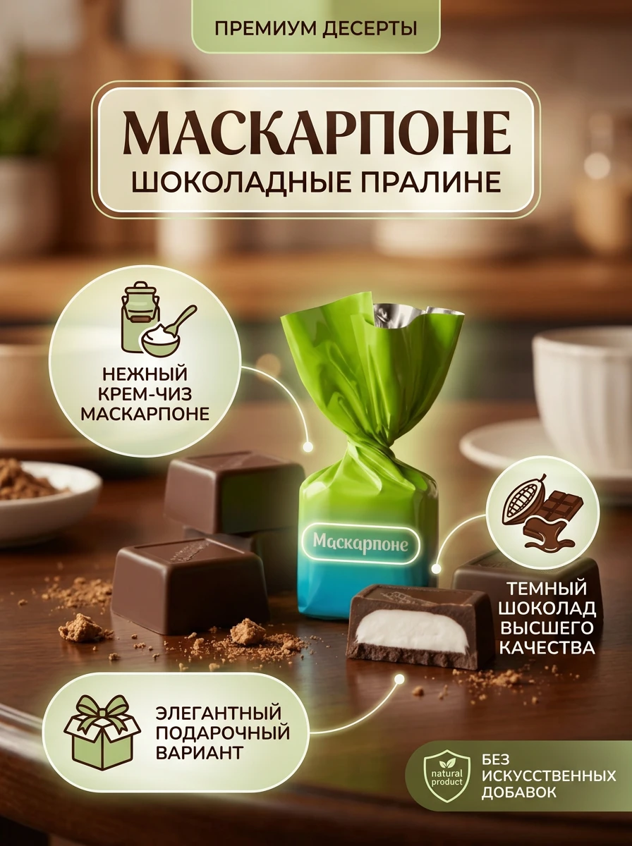 Конфеты SHOKOLAT'E "Маскарпоне", пралине в молочном шоколаде, ГОСТ, 200 г
