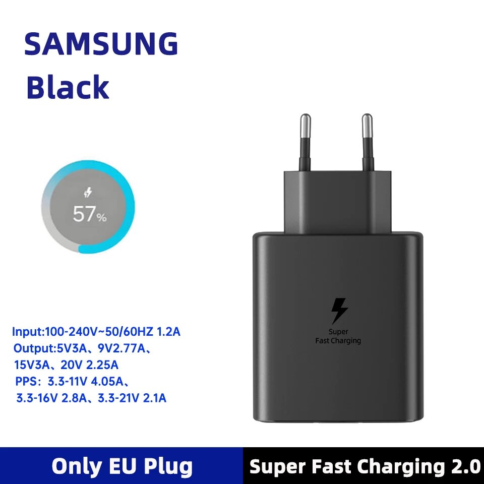 Оригинальное зарядное устройство SAMSUNG USB-C 45W для быстрой зарядки PD, 25W, для Black EU Plug