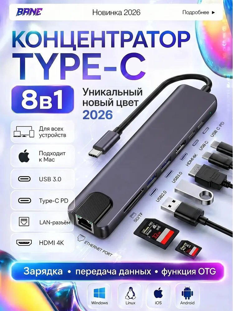 Type-C HUB для MacBook / USB разветвитель / HDMI адаптер / RJ-45 адаптер / USB HUB 3.0 / USB 3.0, HDMI, RJ-45, Type-C, PD, SD, Micro SD