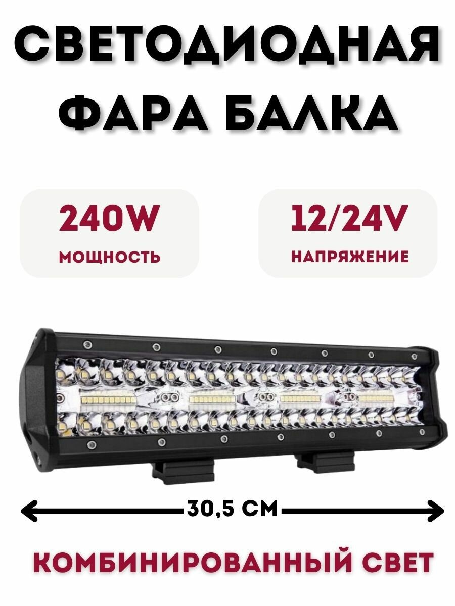 Балка светодиодная 240w 30,5см 10v-30v дополнительная противотуманная фара прожектор комбинированный свет