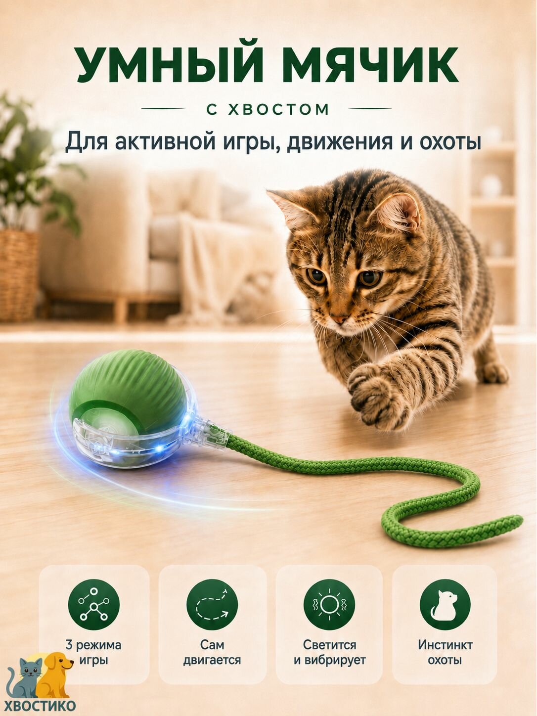 Умный мячик с хвостом, интерактивная игрушка для кошек и собак, мяч зеленый
