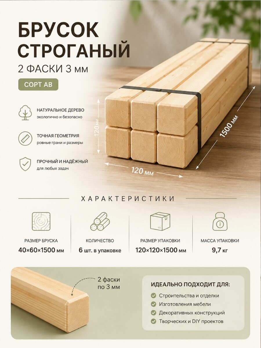 Брусок строганый 2 Фаски 3 мм сорт АВ, 40х60х1500, 6шт, хвойных пород