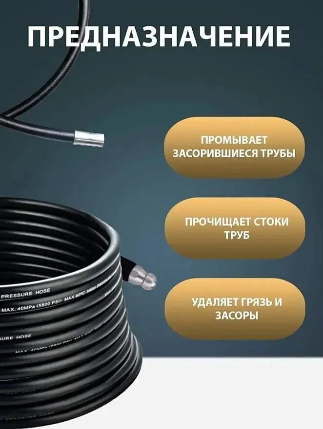 Шланг для мойки Хутер (30м.) прочистки труб и канализации с форсункой 1 бой вперед 3 назад и адаптером (Huter)