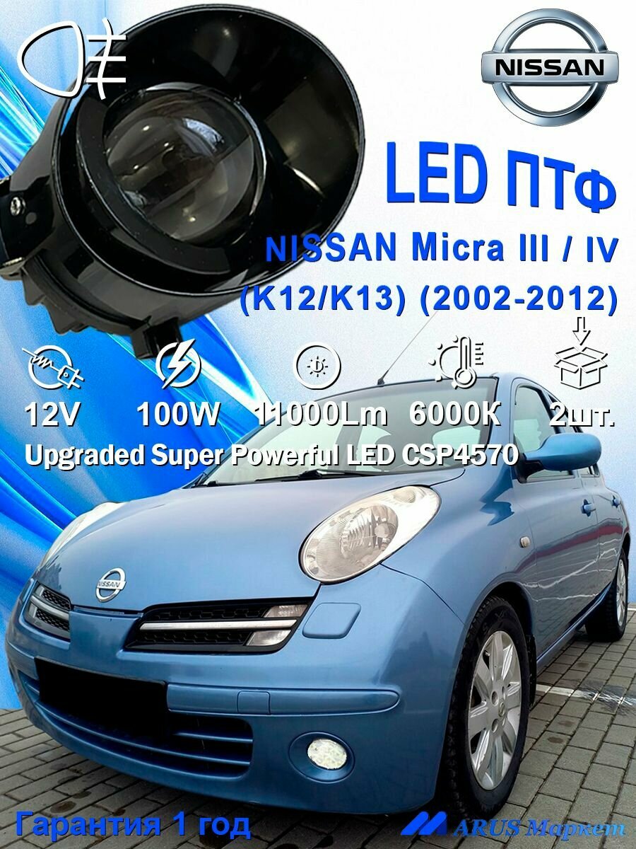 Фары противотуманные NISSAN Micra III/IV (K12/K13) (2002-2012) - светодиодные ПТФ линзы 100W, 6000K