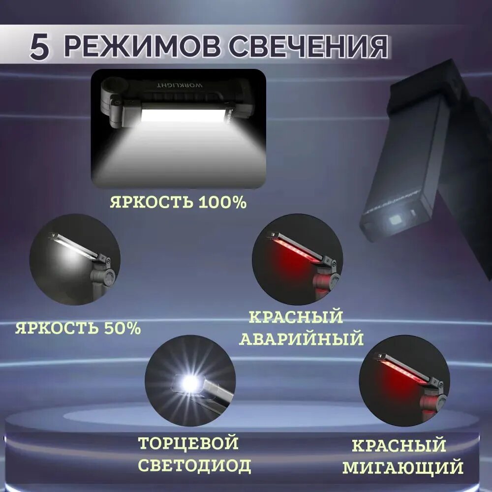 Фонарь ручной светодиодный Worklight аккумуляторный с магнитом и крючком 550 Лм 10Вт IP66 — фото 1