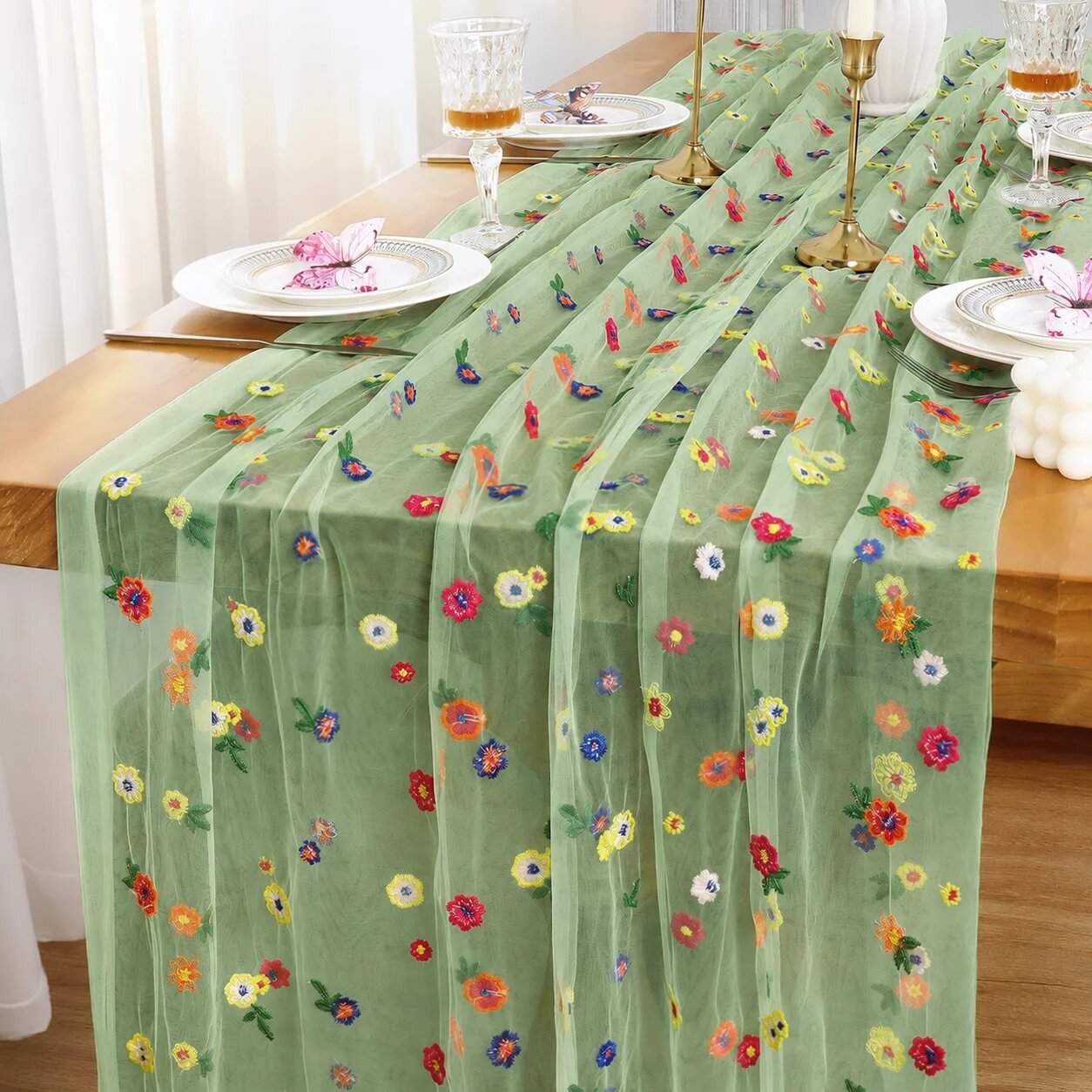 Кружевная вышитая дорожка на стол "Ромашка" 70X800cm, Green