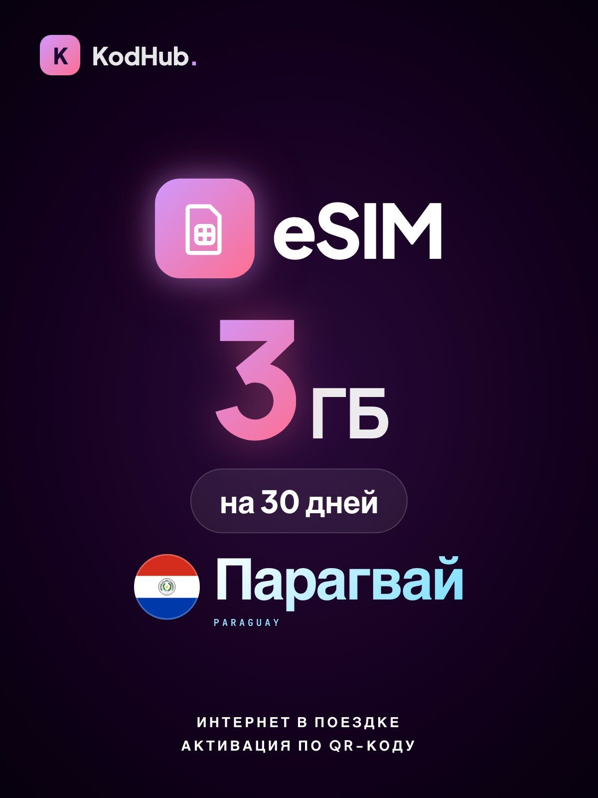 Туристическая eSIM Парагвай 3 ГБ на 30 дней | интернет в поездке, связь за границей | QR-код активации