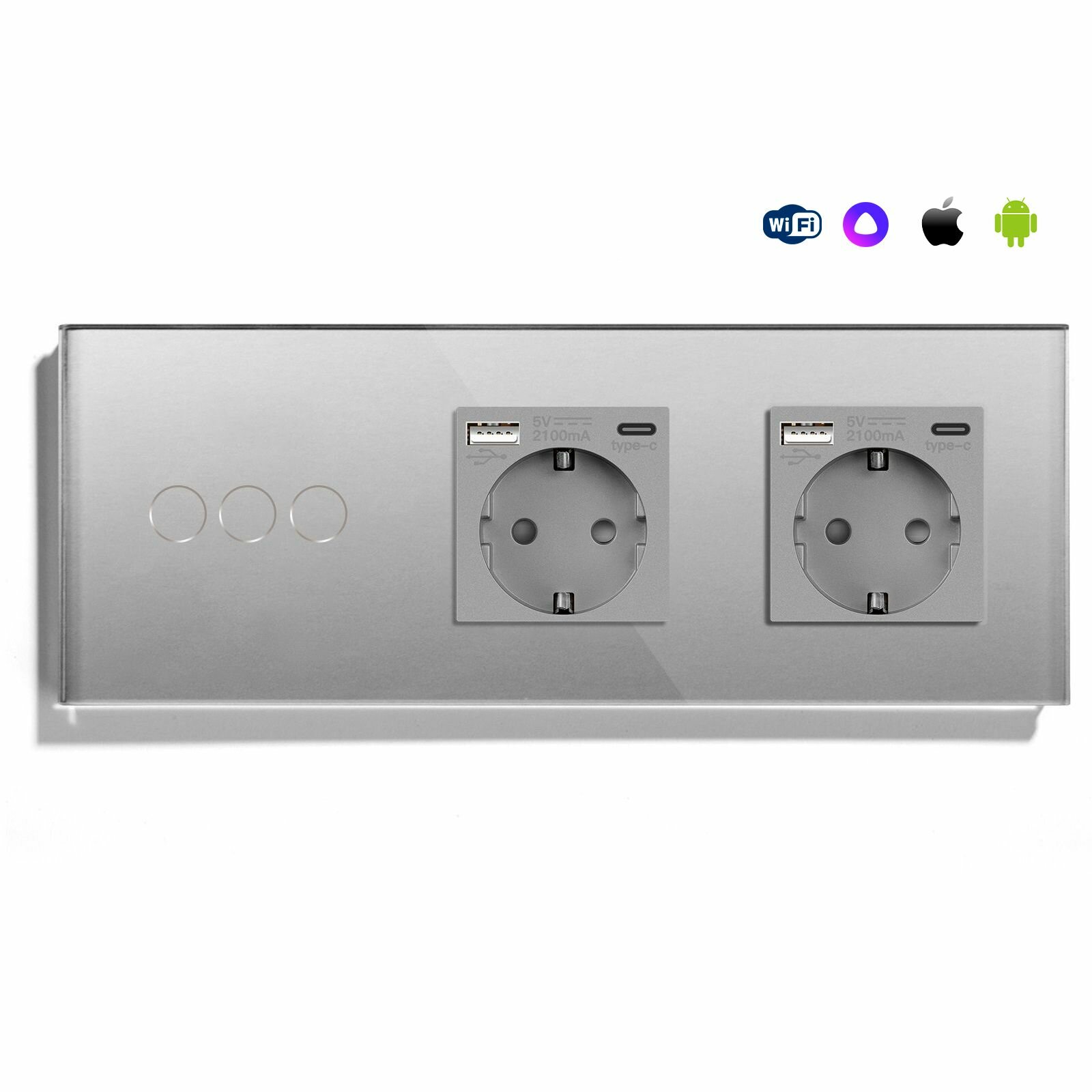 Сенсорный выключатель трёхклавишный с двойной розеткой MVAVA Wi-Fi, умный, с Алисой, для умного дома, с USB Type-C, с подсветкой, стекло, с заземлением, серый