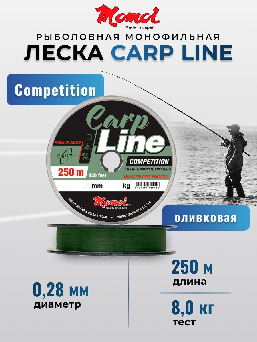 Японской леска для ловли карпа Carp Line Competition 0,28 мм, 8.0 кг, 250 м Фидерная Высокопрочная Тонущая Малорастяжимая Средней мягкости, оливковая 1 штука