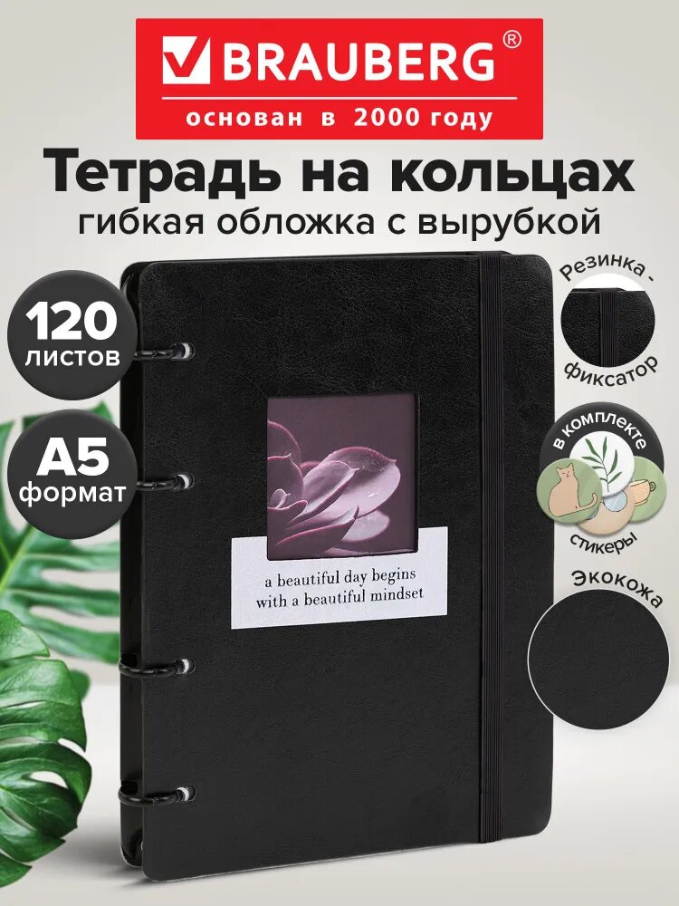 Тетрадь на кольцах А5 в клетку со сменным блоком 180х220 мм 120 листов, обложка под кожу, вырубка, резинка, Brauberg