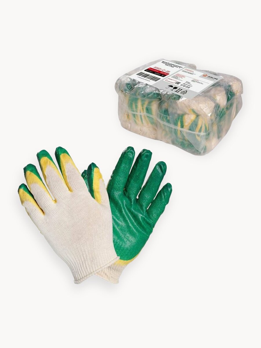 Перчатки ХБ с двойным латексным покрытием ладони Airline AWGC08, 13 класс, зеленые