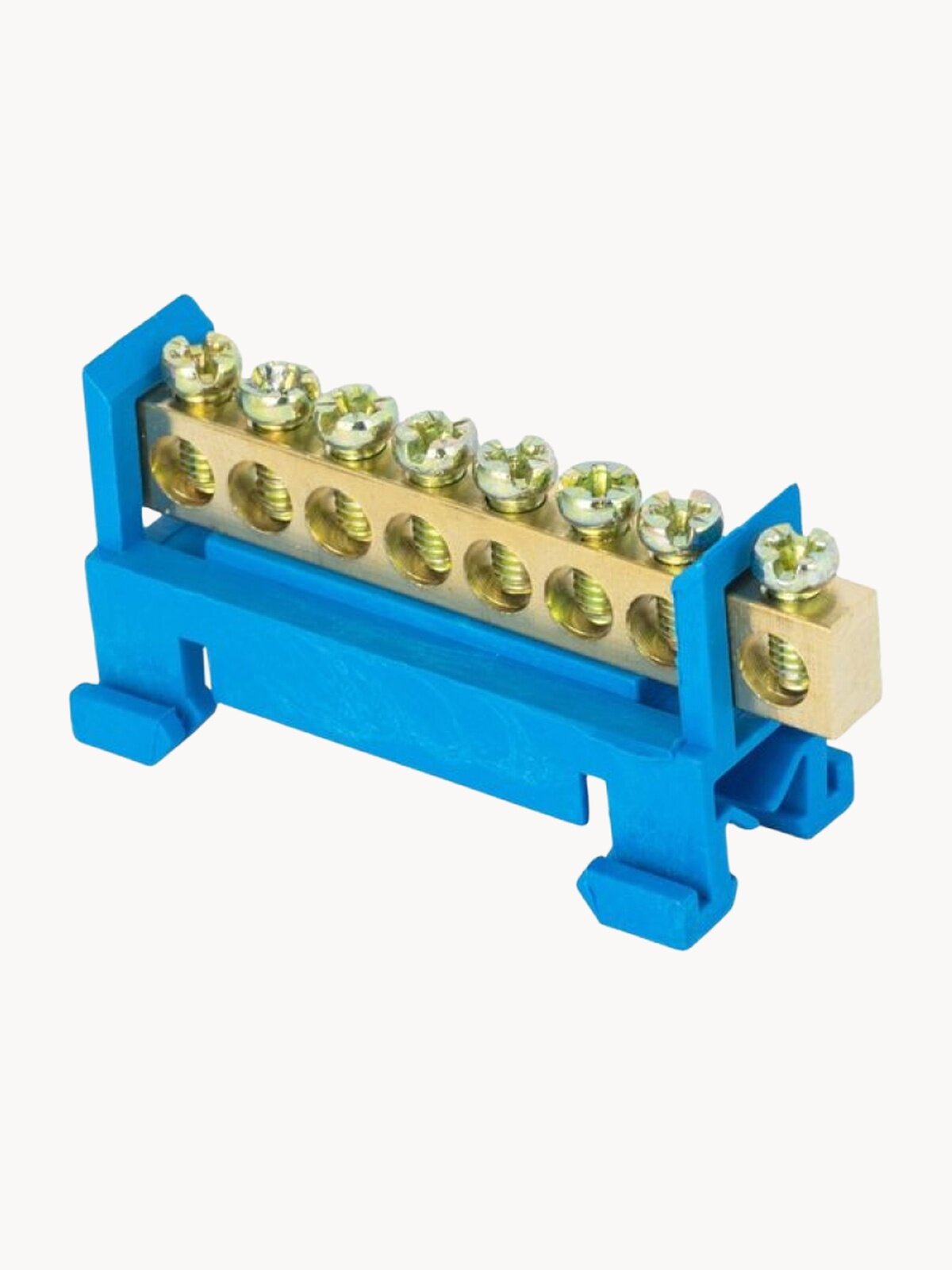 Шина нулевая EKF "0" N, 6x9мм, 8 отв. по 4 мм (1,5-10 мм2), латунь, синий изолятор тип "Стойка" на DIN-рейку р/у