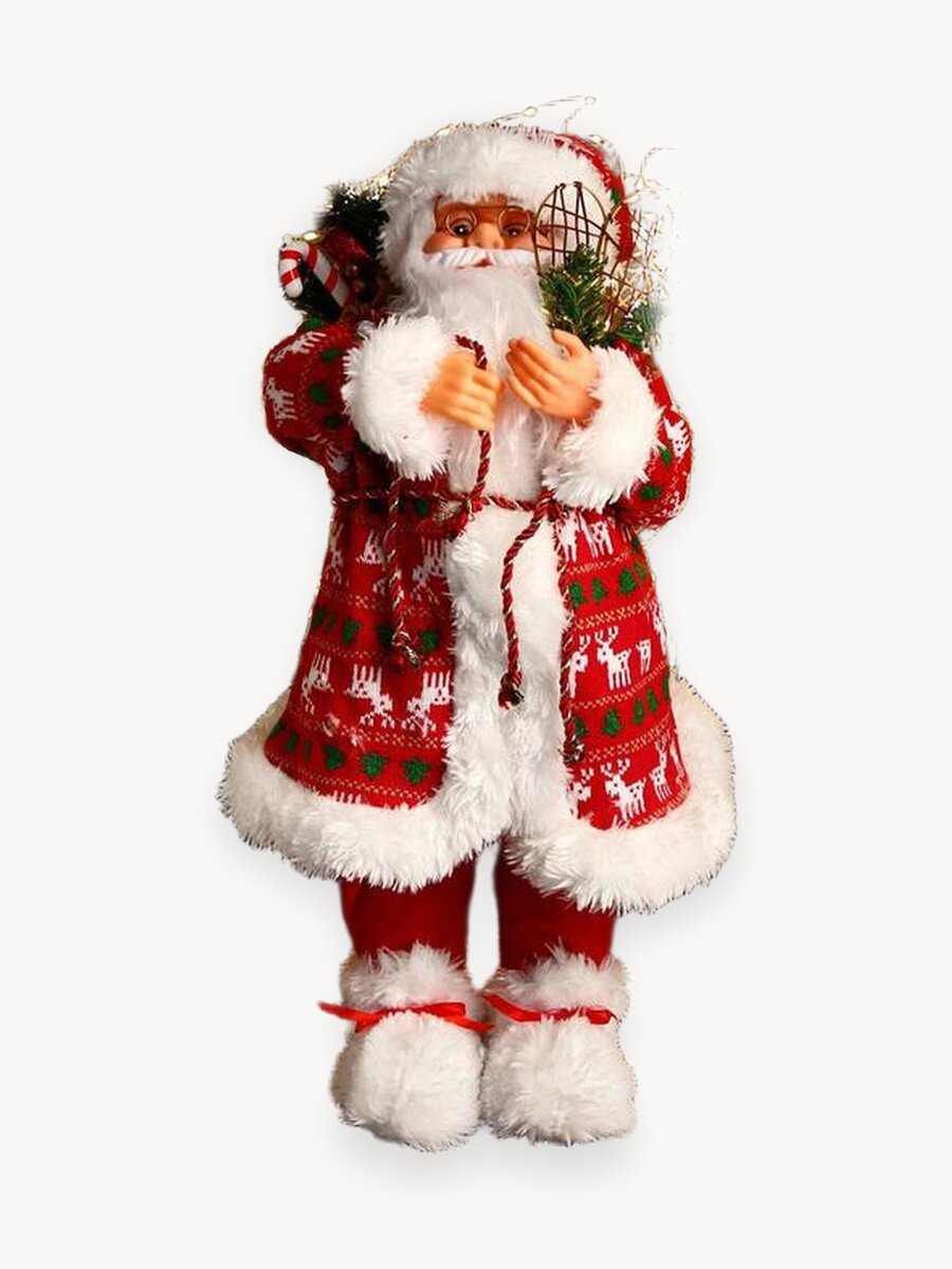 Дед Мороз под ёлку «Зимнее волшебство. В красной шубке с оленями, с веточками», 60 см