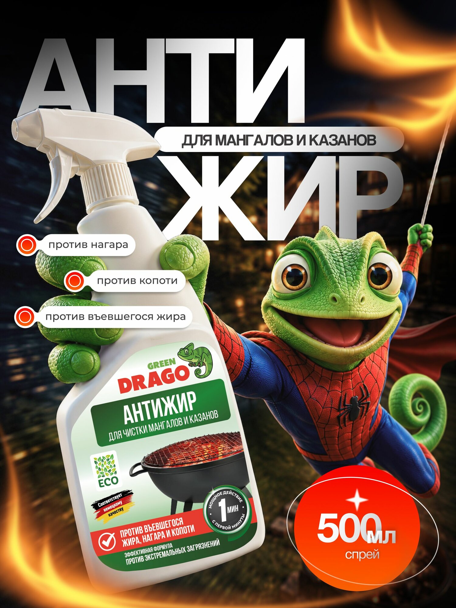 Антижир для кухни спрей жироудалитель для казана и гриля 500 мл Green Drago