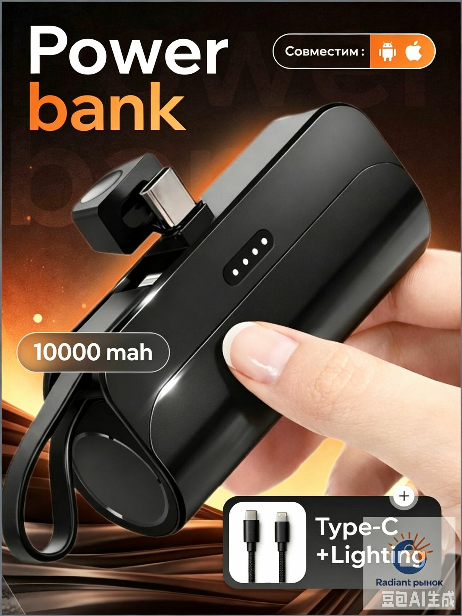 Внешний аккумулятор, 10000 мАч, черный