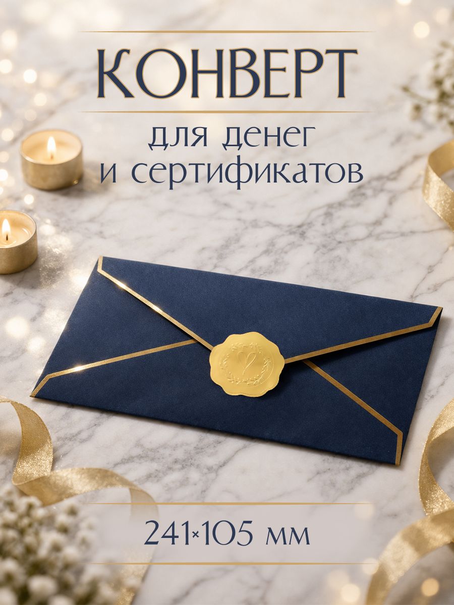 Конверт для денег и сертификатов 241*105 мм с печатью, подарочный для приглашений и поздравлений темно-синий
