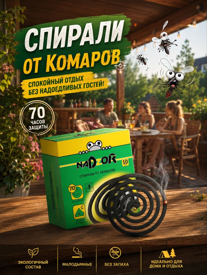 Средство от комаров и мошек, спирали от комаров Nadzor, 10 шт