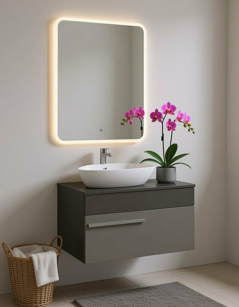 Мебель для ванной Вудлайн 65, темно-серый/серый, раковина Трио, зеркало Руан 60х80
