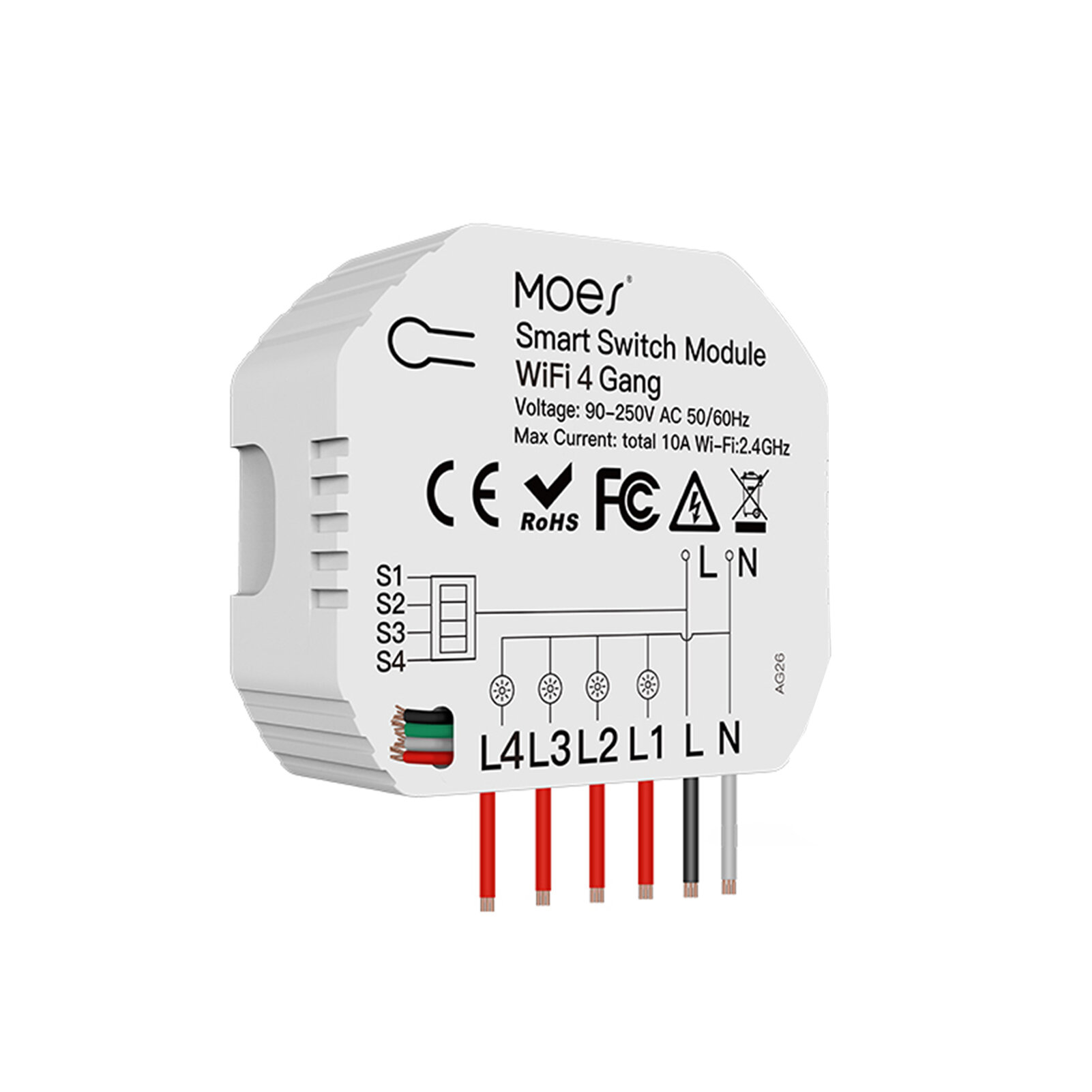 4 Gang Wi-Fi Switch Module Белый ABS AC 90-250V 50/60Hz 10A 2.4GHz Smart Life APP IP20 52*47*22mm 1шт Voice Control Remote Control Share Function Independent Control 2 Way Feature