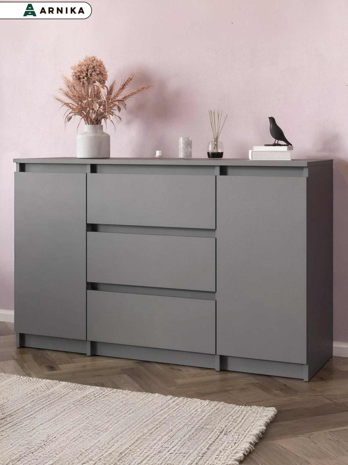 Комод ARNIKA Довер, ЛДСП, цвет графит серый, 3 выдвижных ящика, полки, 120х39х75 см