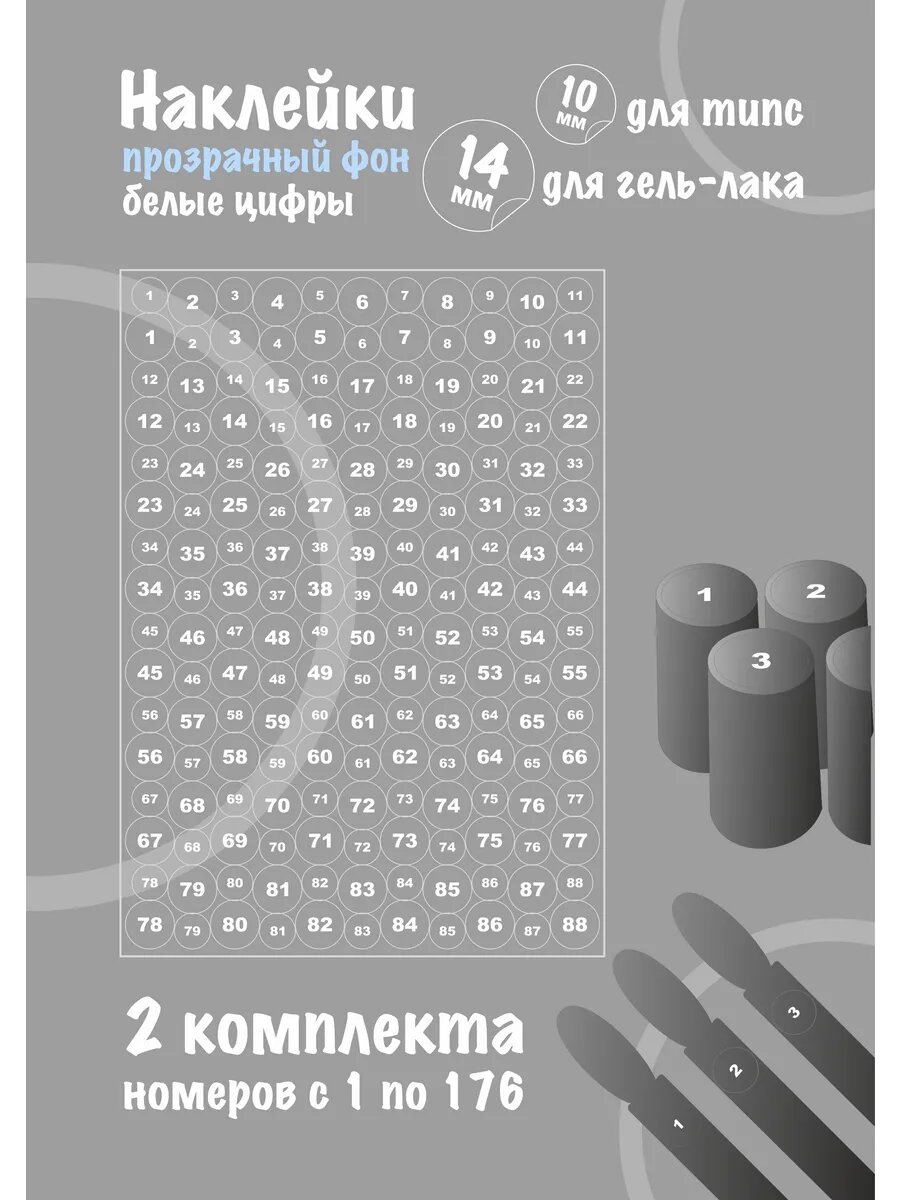 Наклейки для типс и колпачков гель лаков, парные номера от 1 до 176, диаметры 10мм и 14мм, прозрачный фон, белые цифры