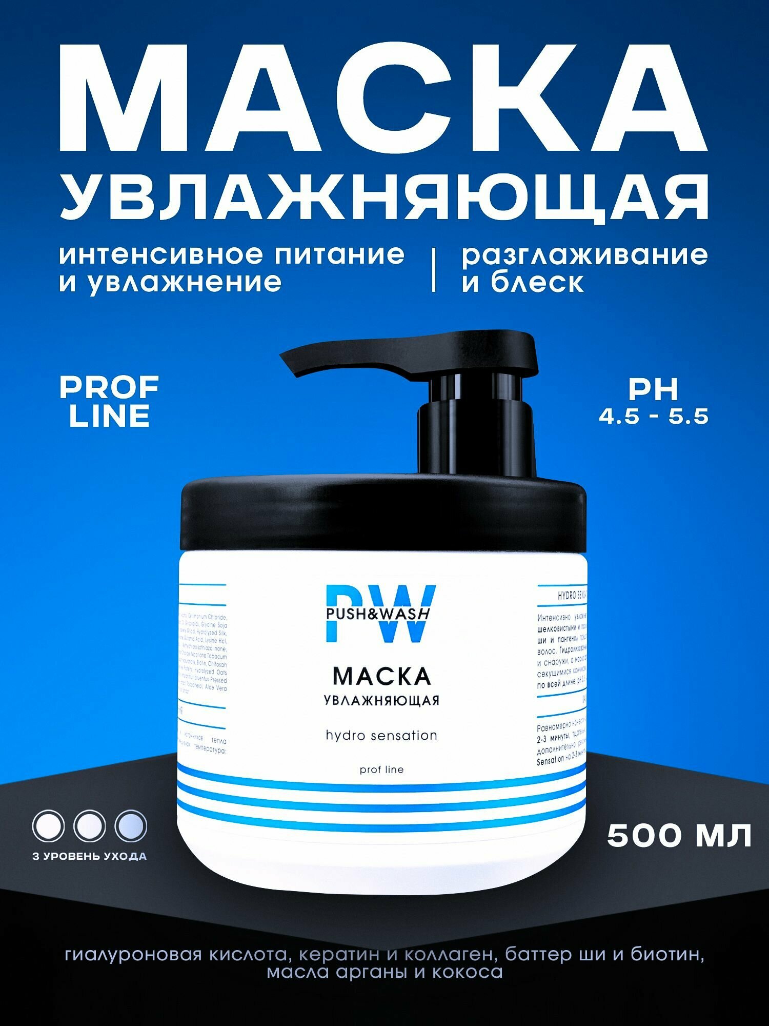 PUSH&WASH Маска увлажняющая для волос Hydro Sensation, 500 мл