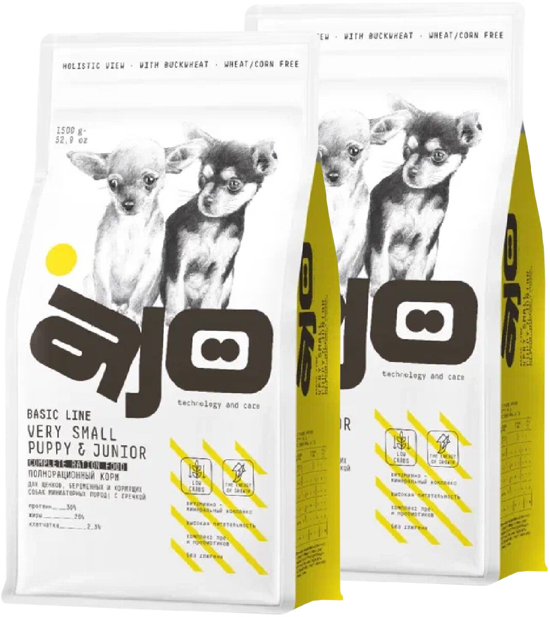 Корм сухой Ajo Dog Basic Line Very Small Puppy & Junior для щенков маленьких пород, индейка и гречка, 1,5 кг х 2 шт