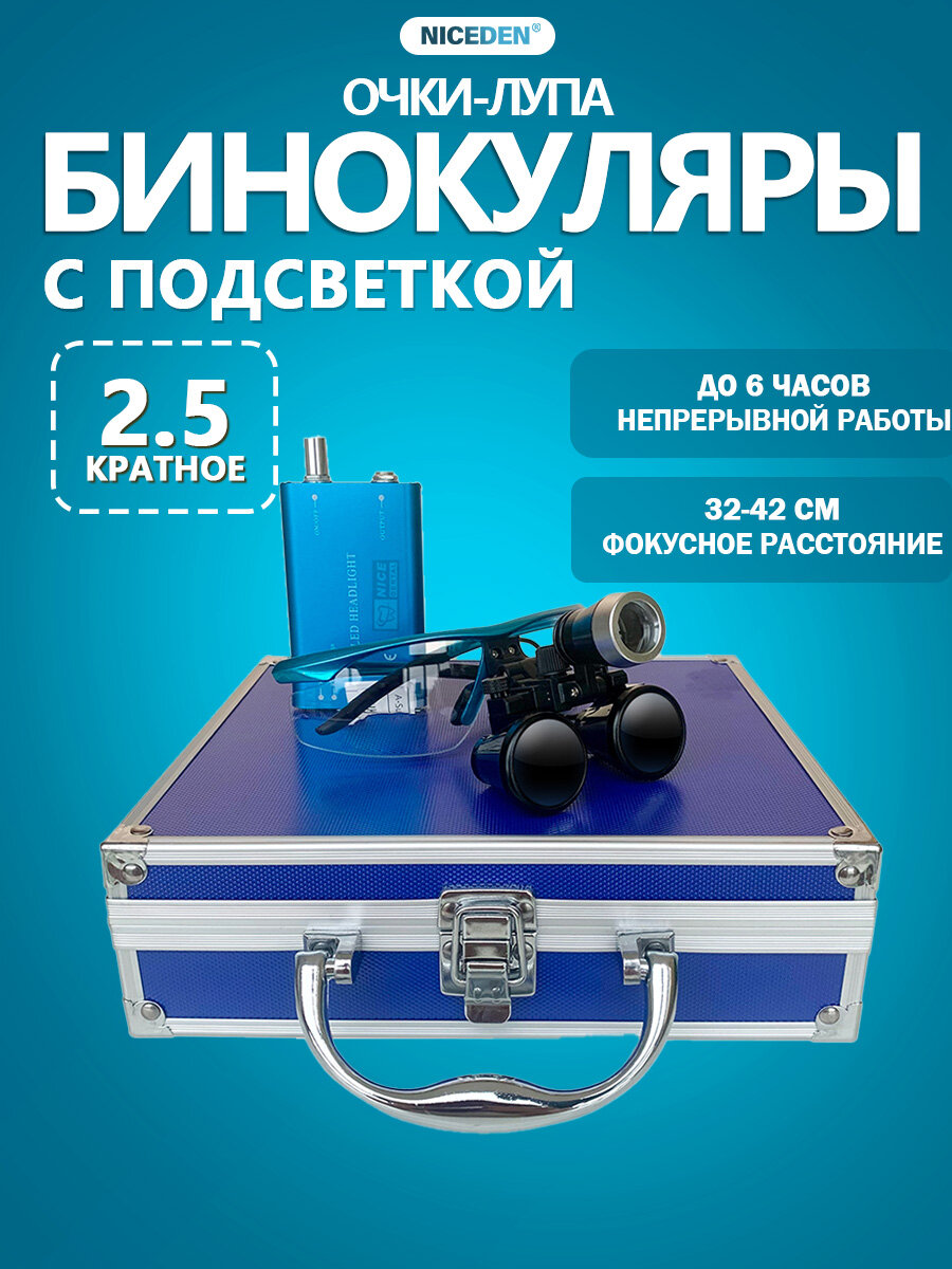 2,5-кратное увеличение стоматологической бинокуляров, LED, Синяя модель