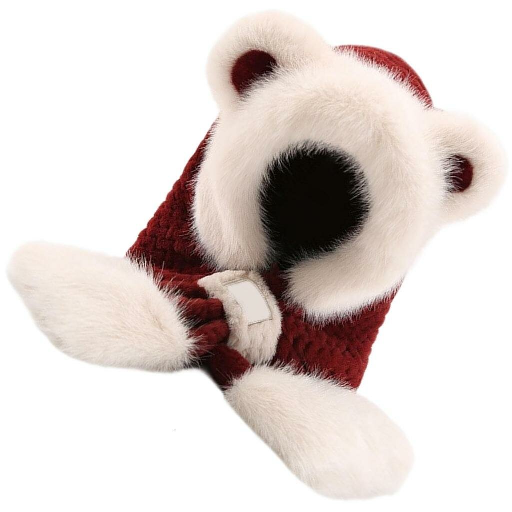 Шапка-ушанка с ушами медведя, пледовый шарф, красный