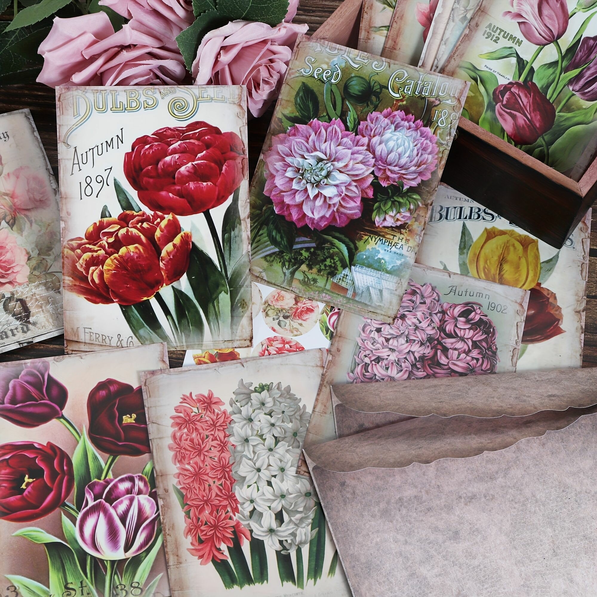 Комплект открыток 64 шт, конверты, карточки и наклейки в винтажном романтическом стиле с цветами, подарочные и поздравительные открытки для дня матери и дня рождения