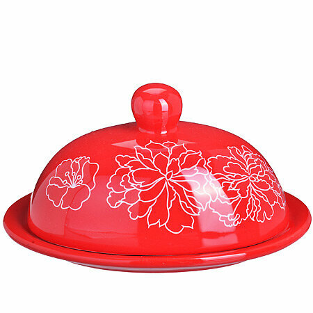 Масленка 200 мл. с крышкой 17,3 см. х 12.7 х 1.8 см. "Красный Узор" овальная доломит