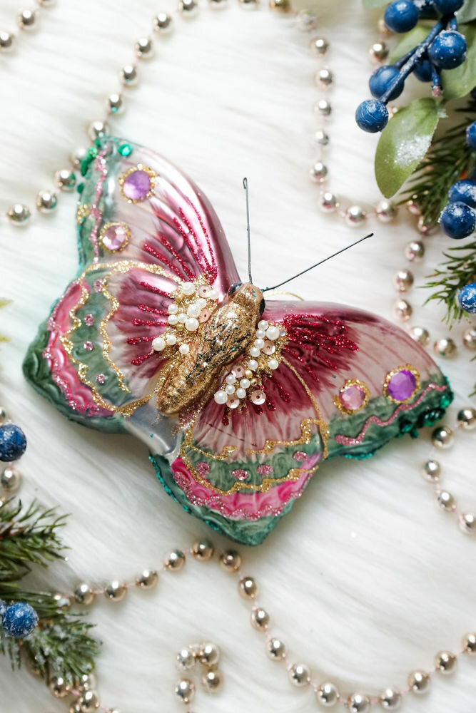 Стеклянная елочная игрушка бабочка - аметист И бирюза, 13х26 см, Goodwill TR22363-2