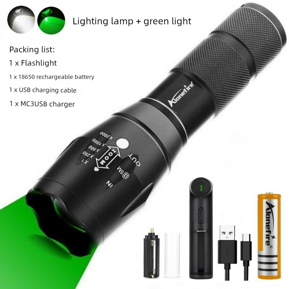Белый и зеленый свет, двойной источник света, светодиодный фонарь с телескопическим зумом, перезаряжаемый, мощный, для