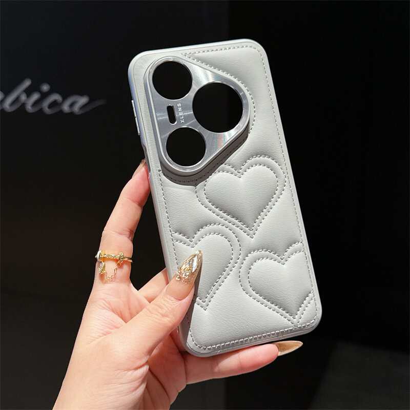 Чехол для Huawei Pura 70 Pro, серый, с сердечками, стеганый, противоударный, стильный дизайн
