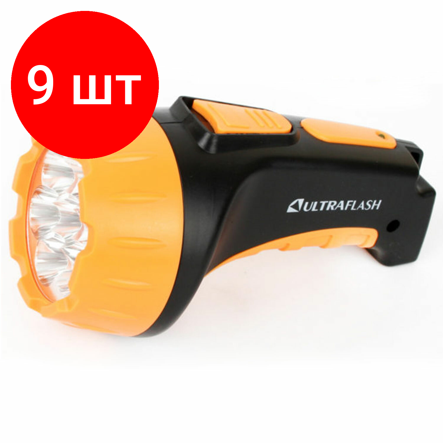 Комплект 9 шт, Фонарь аккумуляторный ULTRAFLASH 7хLED, 2 режима, выдвижная вилка, заряд от сети, LED3807