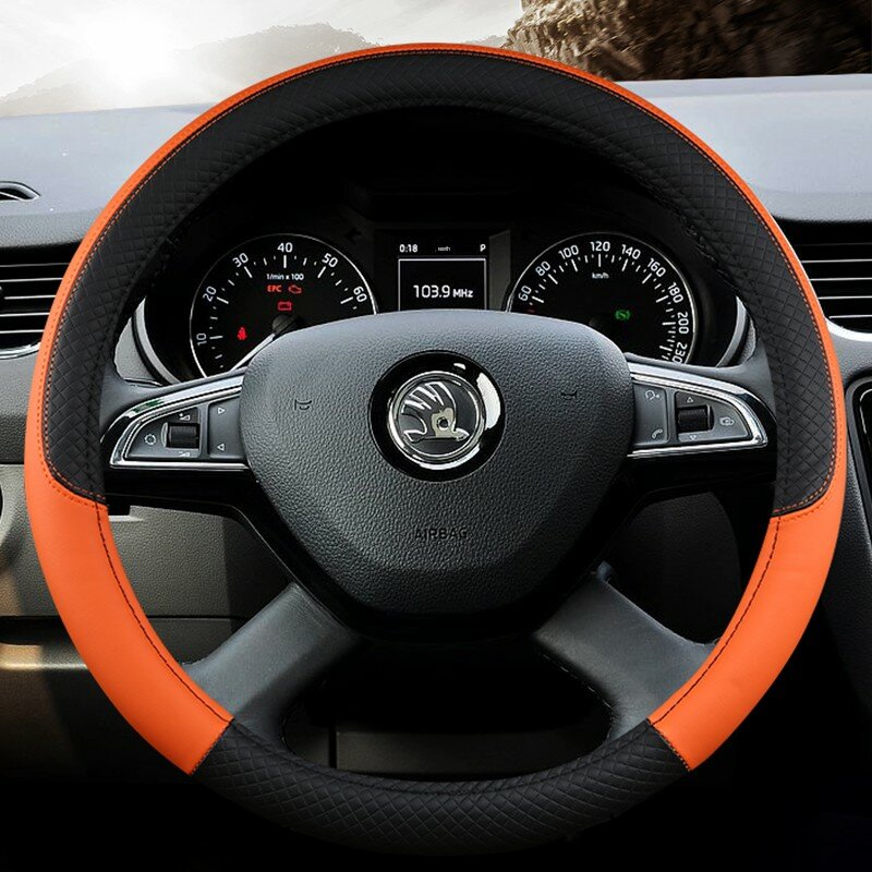 Всесезонный чехол для руля Skoda Octavia, Rapid, Superb, Yeti, Kodiaq, Fabia - Черно-оранжевый узор