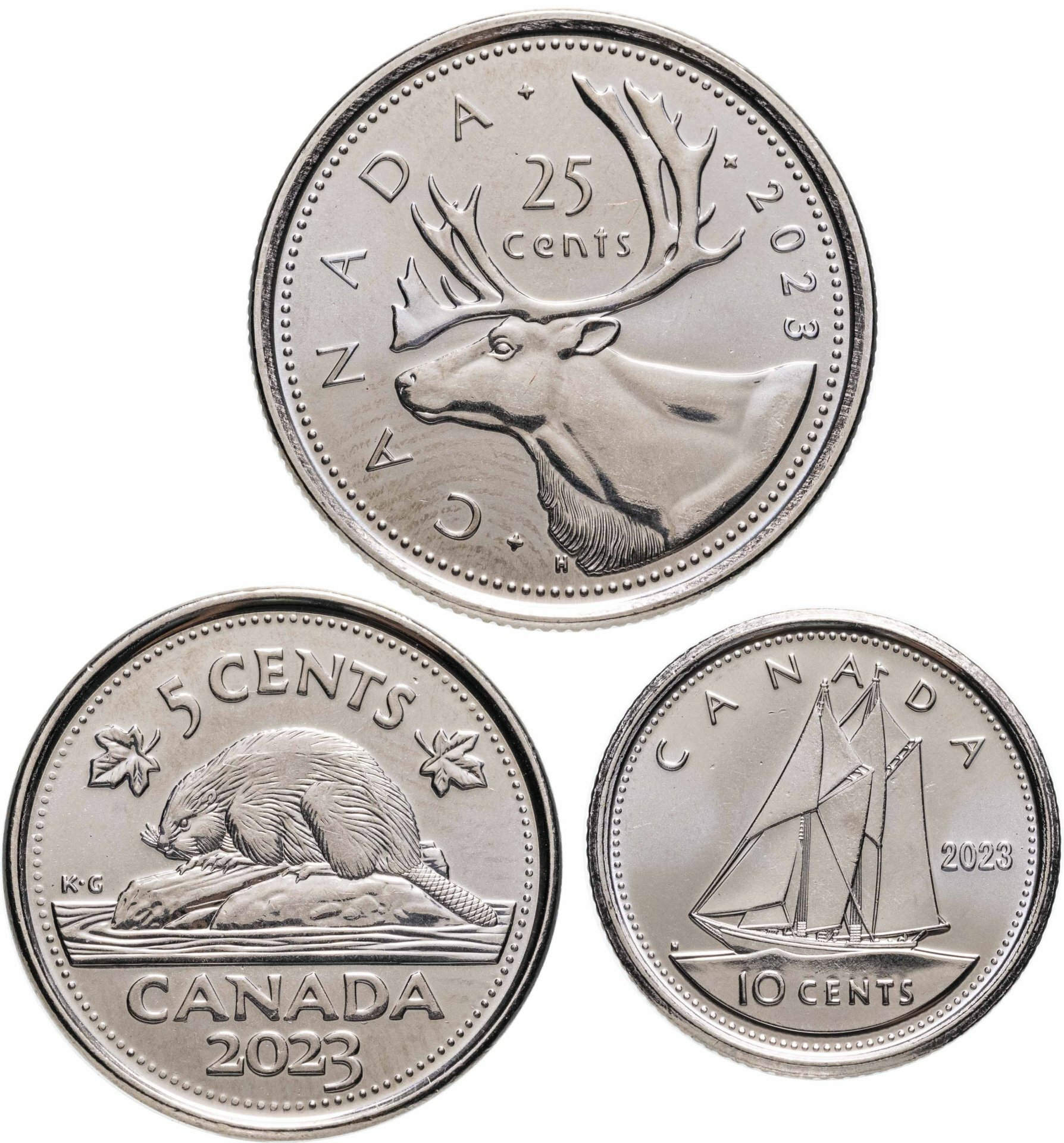 Канада набор 3 шт - 5, 10, 25 центов 2023 новый тип, Карл 3, Сталь, в сохранности UNC