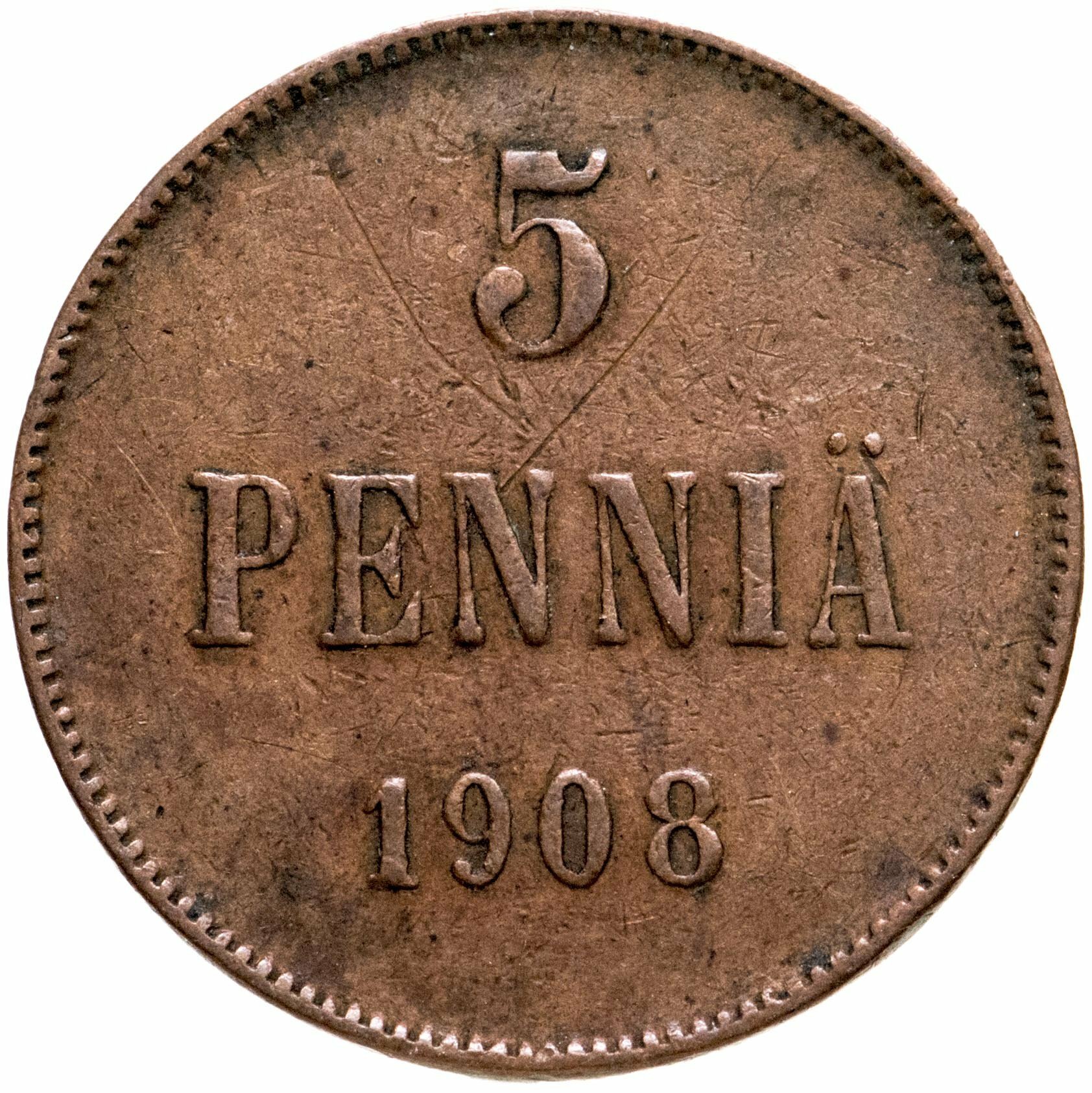 5 пенни 1908 монета для Финляндии, Медь, в сохранности VF
