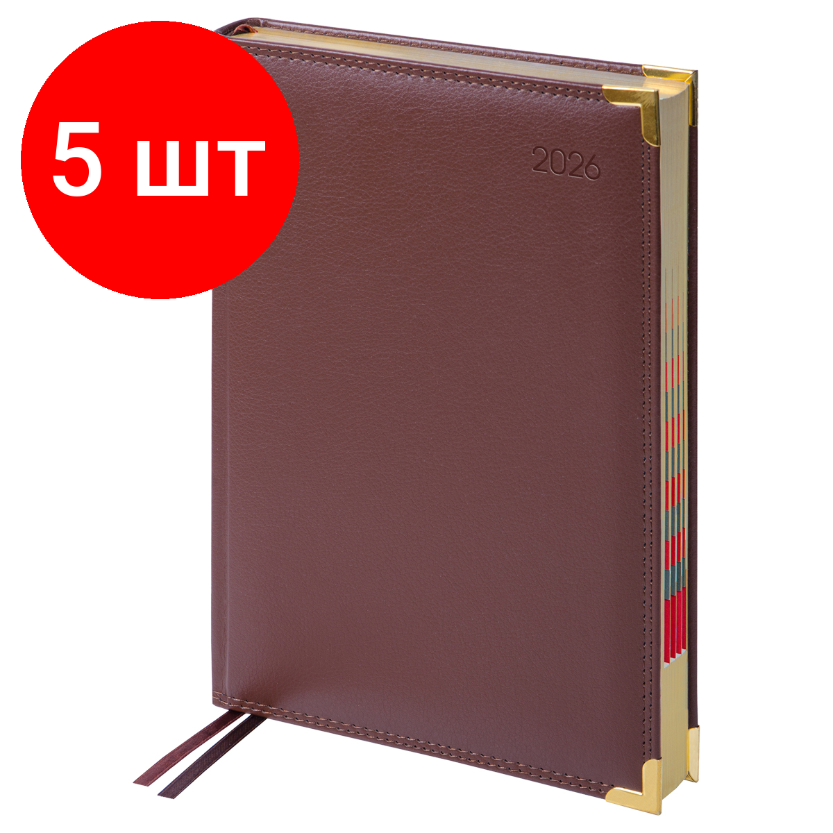 Комплект 5 шт, Ежедневник датированный 2026г, А4-(В5), 184л, Delucci, Фактурная кожа, зол. срез, коричневый