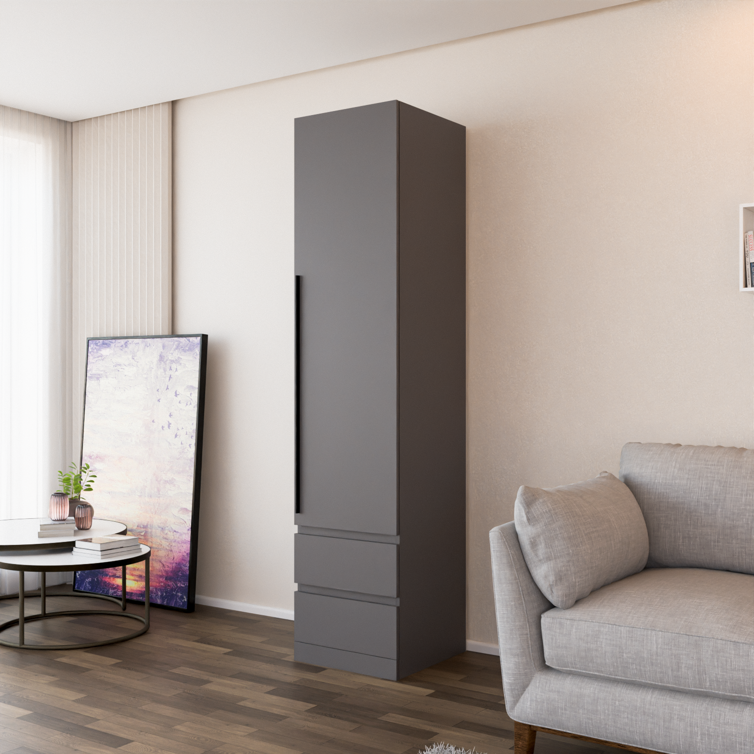 Шкаф-пенал Флокс | Корпус ЛДСП Графит| Фасад ЛДСП Графит | Ручка Чёрная