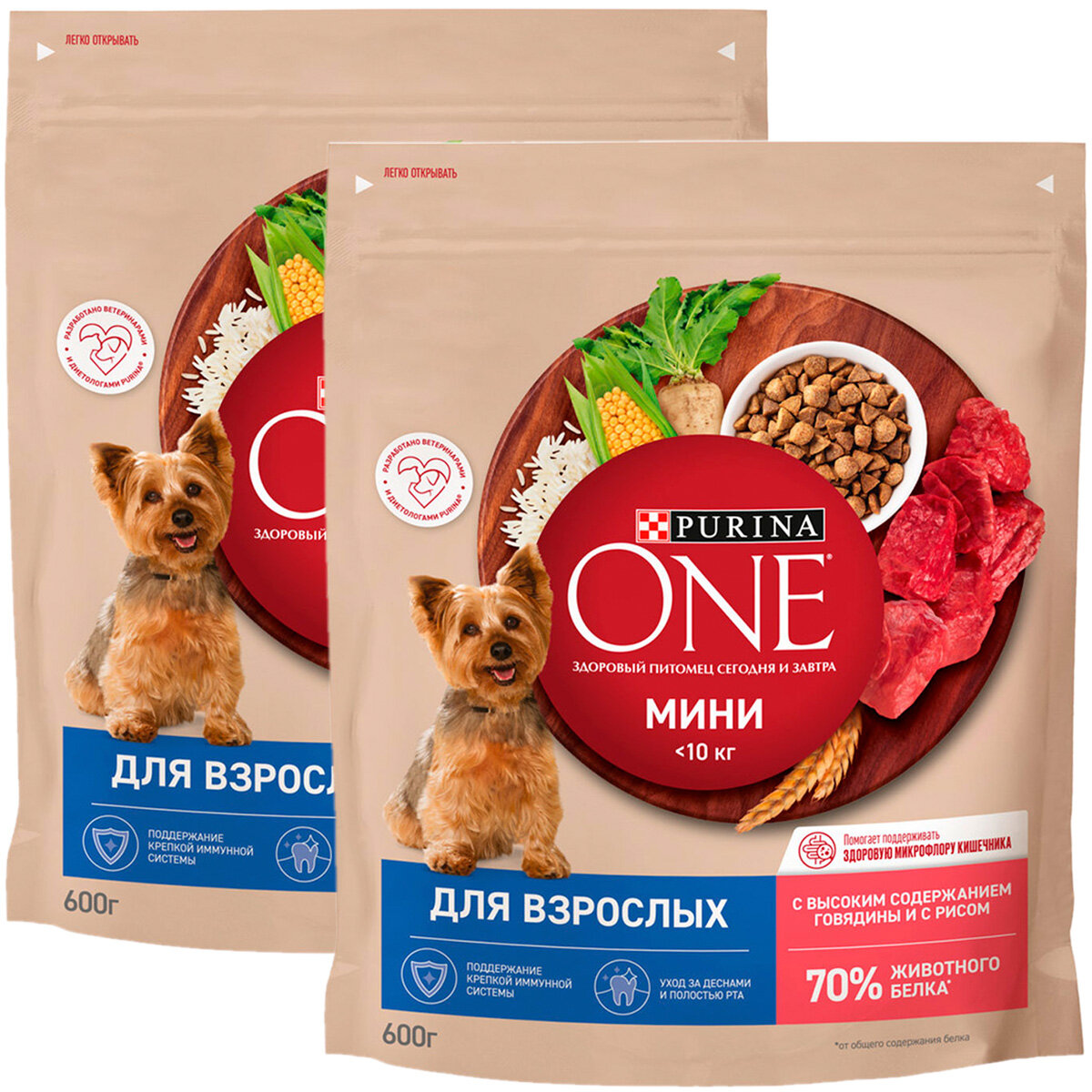 Корм сухой Purina One ADULT для взрослых собак мелких и карликовых пород, говядина и рис, 0,6 кг x 2 шт