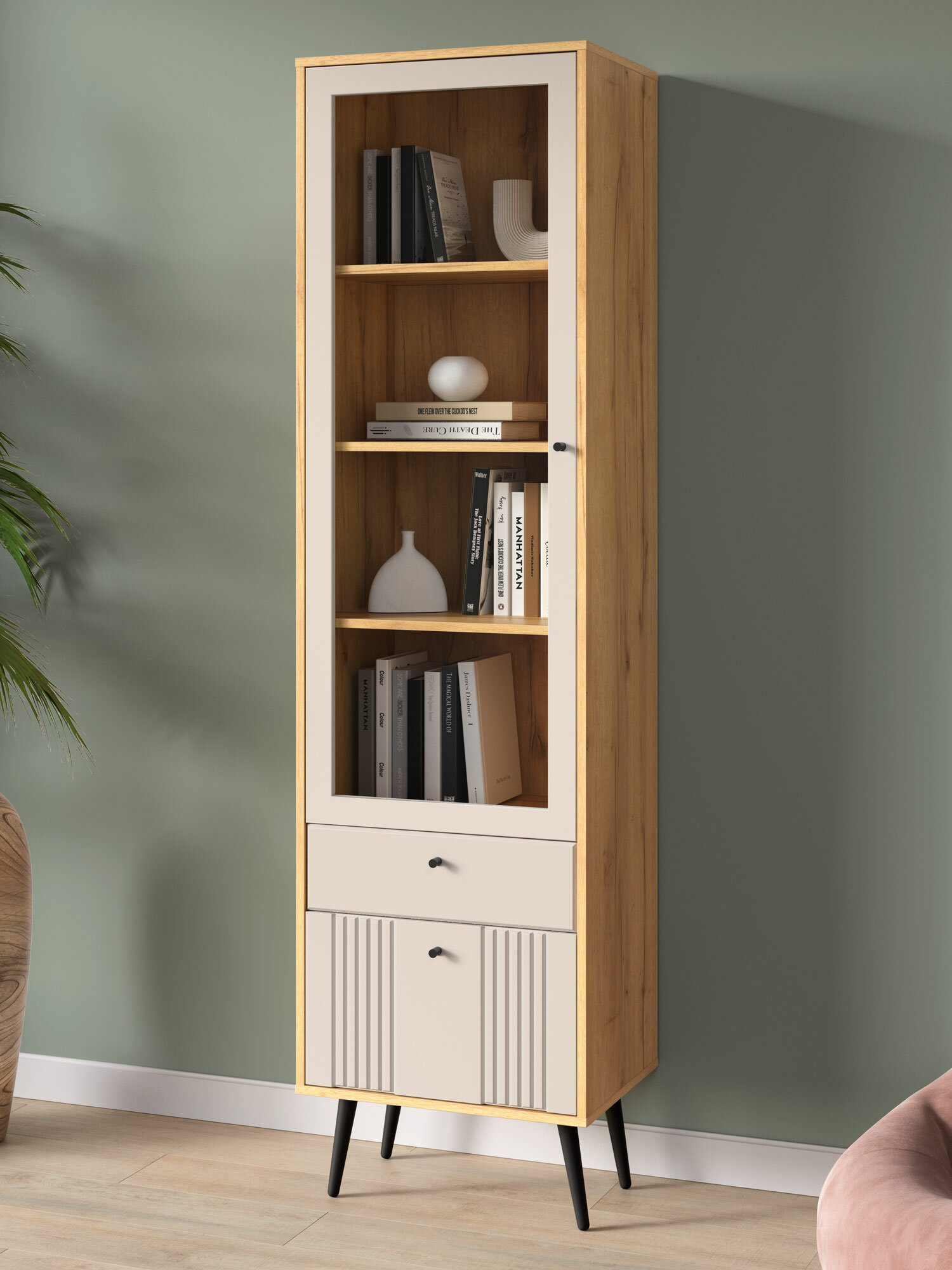 Шкаф-витрина Вега Саксония 1 дверь, с полками, с ящиками, с доводчиками, 53.7х40х200 см, Дуб Крафт золотой / Миндаль