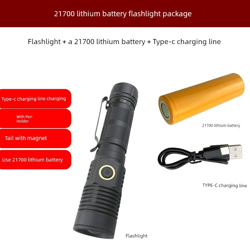 Фонарь-зум 21700 с белым лазером, телескопический, перезаряжаемый через Type-C, маленький, с клипсой для ручки,