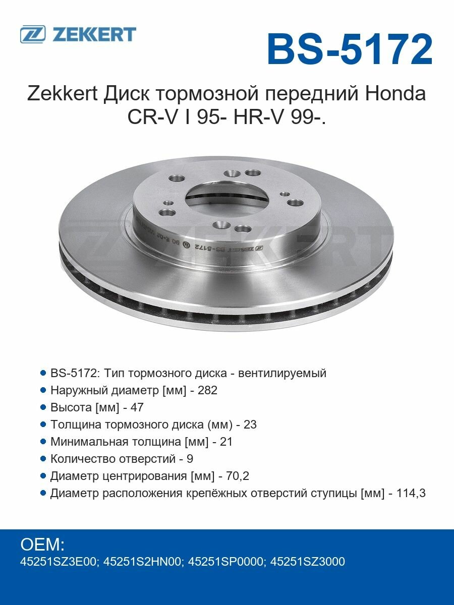 Zekkert Диск тормозной передний Honda CR-V I 95- HR-V 99-.