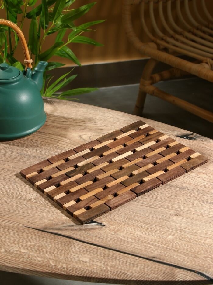 Коврик из тикового дерева Sima-land 30х20х0,7 см, бежевый, плетеный