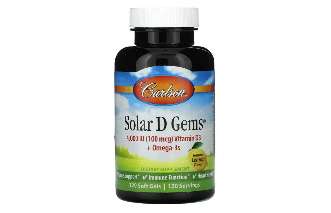 Carlson, Solar D Gems, Витамин D3 (4000 МЕ)+ Омега-3s, 120 мягких таблеток (натуральный лимон)