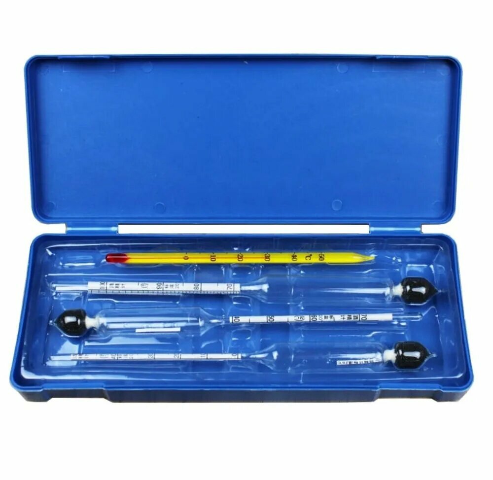 Набор ареометров спиртомеров для самогона (0-40, 40-70, 70-100) и термометр в футляре. Для контроля параметров жидкостей.