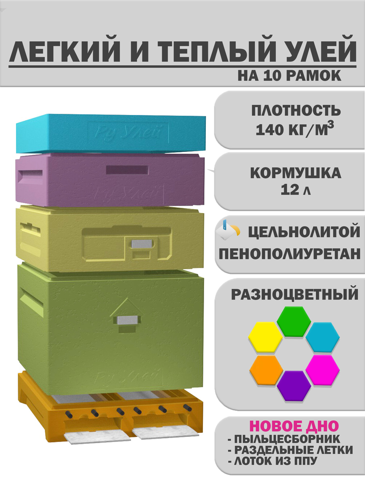 Улей Ру Улей, для пчел, ППУ, 10 рам, Дадан, комплект + магазин + кормушка