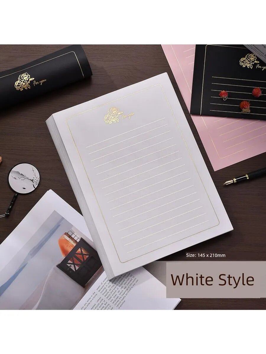 Бумага для писем A5 (белая с бронзовой розой, 50 листов)